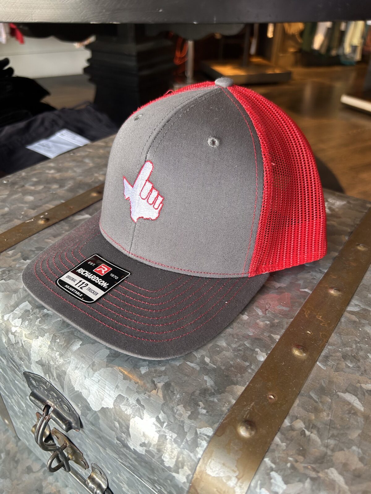 Richardson 112 Hat Charcoal/Red Center White Hand/Red Outline ...